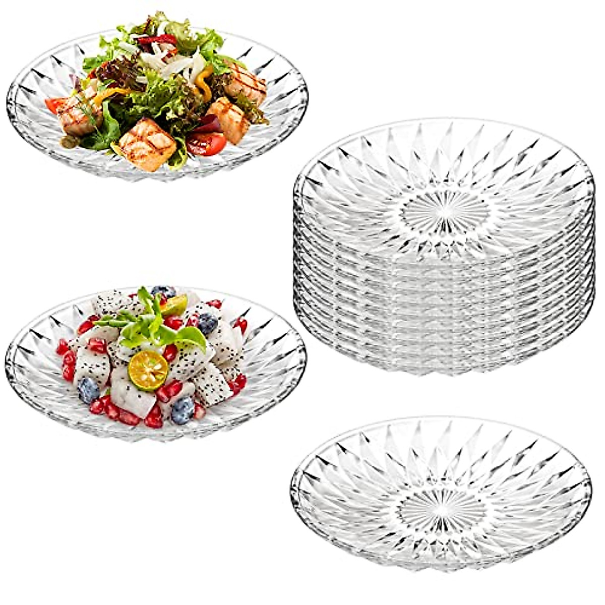 Hiceeden Set of 12 Crystal Glass Salad Plate, 8 Inch Round Clear Dessert Plates Restaurant Serving Party Plates for Fruits, Snacks