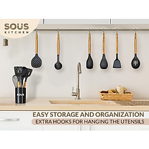 Sous Kitchen Silicone Kitchen Utensils Set & Silicone Cooking Utensils - Kitchen Silicon Utensil Set Wooden Handles - Cooking Utensil Set & Baking Essentials - 30 pcs Silicone Spoons for Cooking