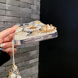 iFiLOVE for iPhone 14 Pro Max Bling Diamond Case with Flower Strap, 3D Luxury Sparkle Glitter Crystal Rhinestone Pearl Love Rose Wristband Bracelet Case Cover for Girls Women Kids (Champagne)