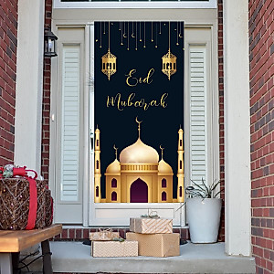 KYMY Eid Mubarak Door Cover with 70.8X35.4 inch,Eid Mubarak Backdrop,Muslim Islamic Ramadan Door Banner Sign for Eid Mubuark Party Home Decoration