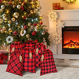 MIMIND 6 Pieces Christmas Drawstring Gift Bags Large Cotton Fabric Gift Bag 17.7 x 23.6 Inch Red and Black Buffalo Plaid Drawstring Bag Xmas Santa Sack Christmas Party Favor Bags with 24 Tag