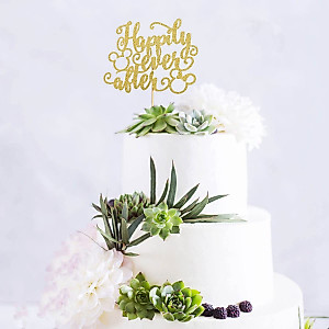 Happily Ever After with Cartoon Mice Cake Topper, Mouse Inspired Themed Wedding Engagement Bridal Shower Party Decorations, Gold Glitter