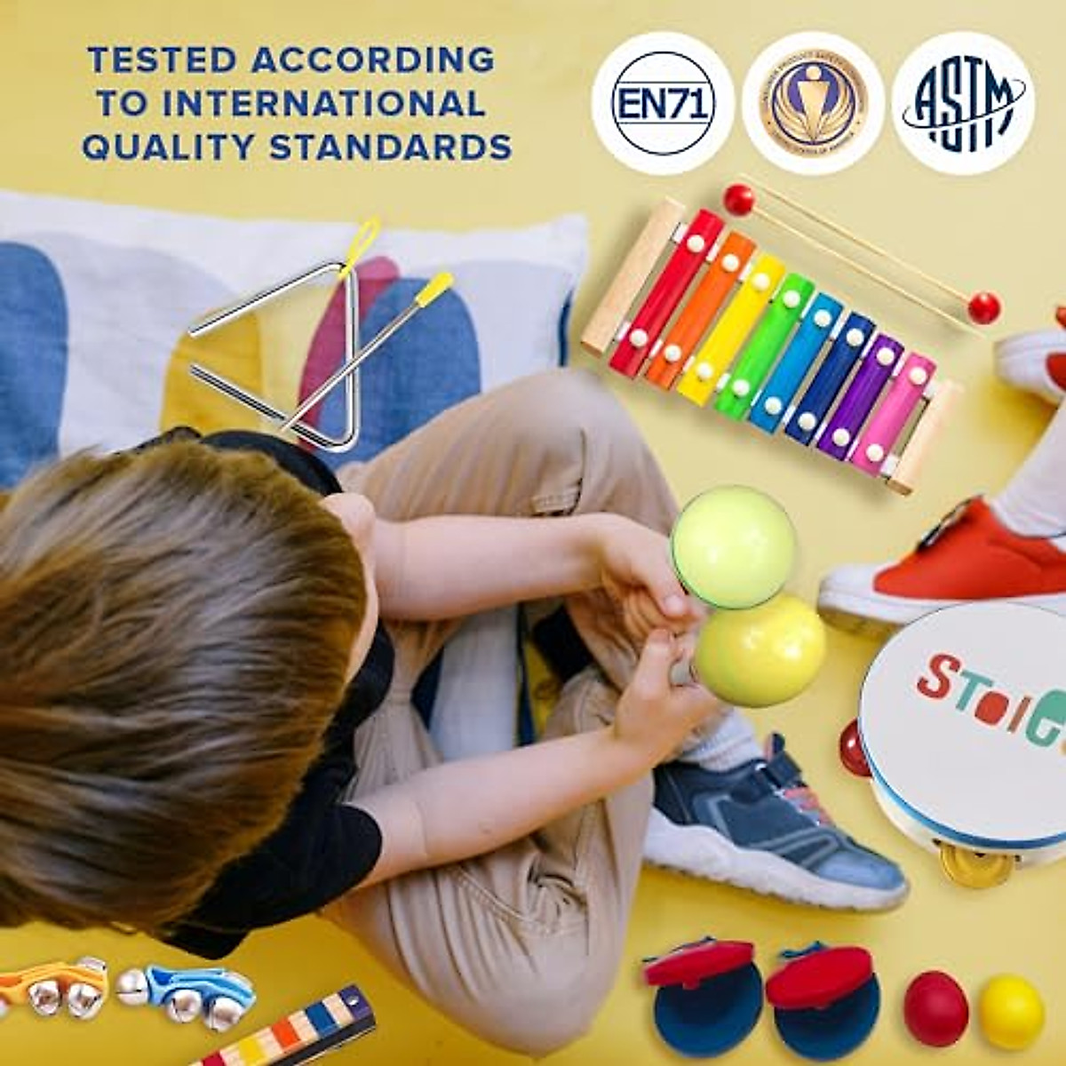 Stoie's Kids Musical Instruments Set for Toddler Ages 1-3, 3-5 - Baby Wooden Percussion Musical Toys for Little Boys & Girls - with Xylophone and Maracas, Drum, Cymbals