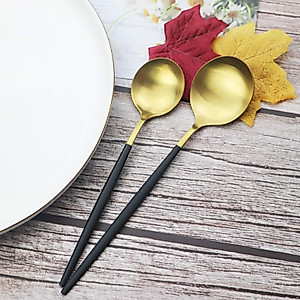 Gold Silverware Set JASHII 40 Pieces Matte Flatware Set 304 Stainless Steel Flat Cutlery Set for 8 Black Handle Forks Knife Spoons Set, Satin Finish Tableware Set for Home Restaurant Dishwasher Safe