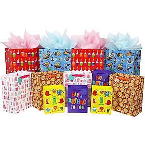 FZOPO Kids Birthday Gift Bag Assortment, Heavy Duty Paper Gift Bags, Red, Blue, Purple, Yellow, Brown, Pack of 12 Small, Medium, Extra Large Bags for Birthdays, Kid Party, Childrens Day