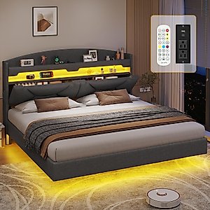 BTHFST Floating Bed Frame King Size with Type-C Charging Station& Hidden Storage Headboard, King RGB Floating Platform Bed, No Box Spring Needed, Dark Grey
