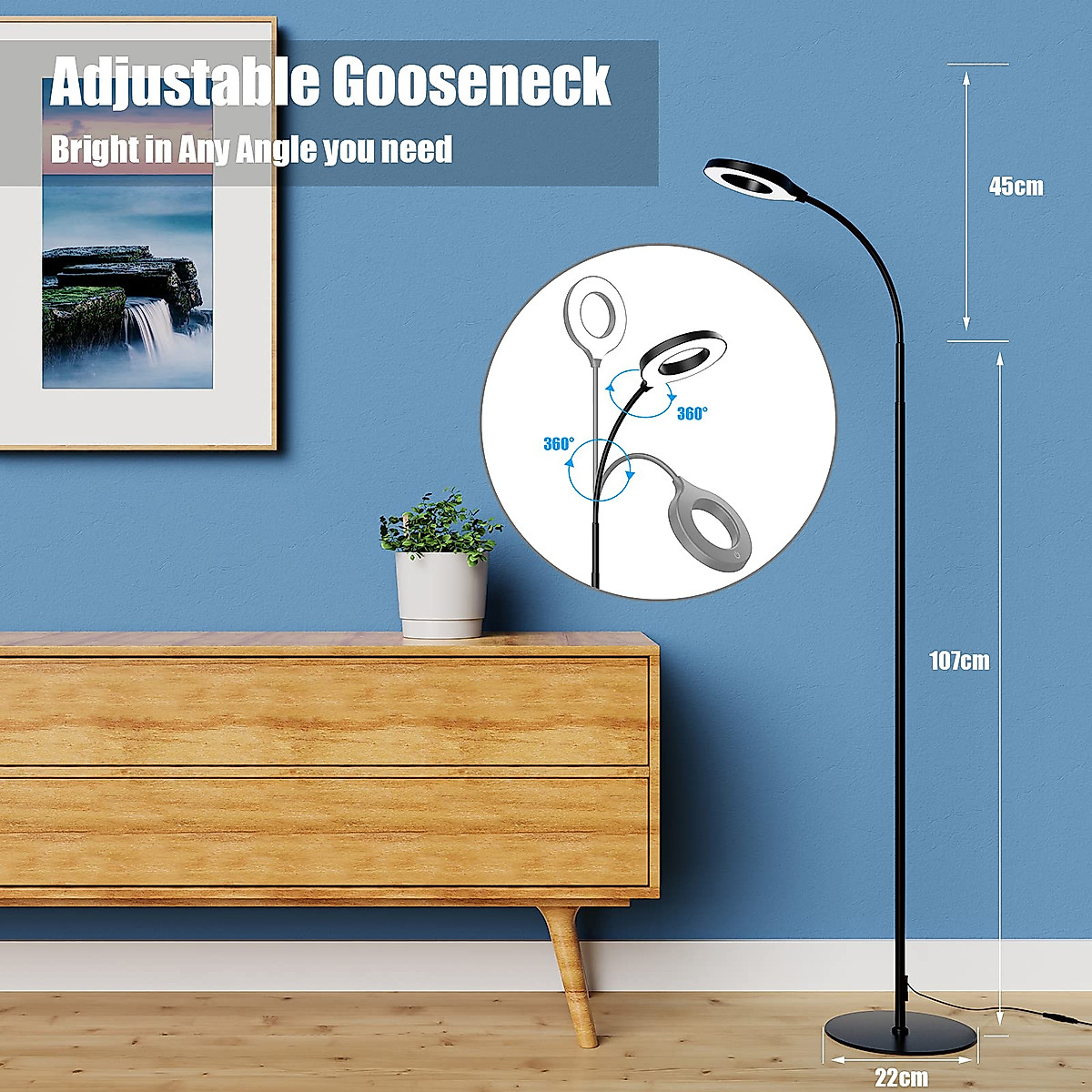 JKSWT LED Floor Lamp, 3 Brightness Levels Eye-Caring Dimmable Standing Reading Lamp 4000K Colors temperatures with Adjustable Gooseneck for Living Room Bedroom Reading - Black