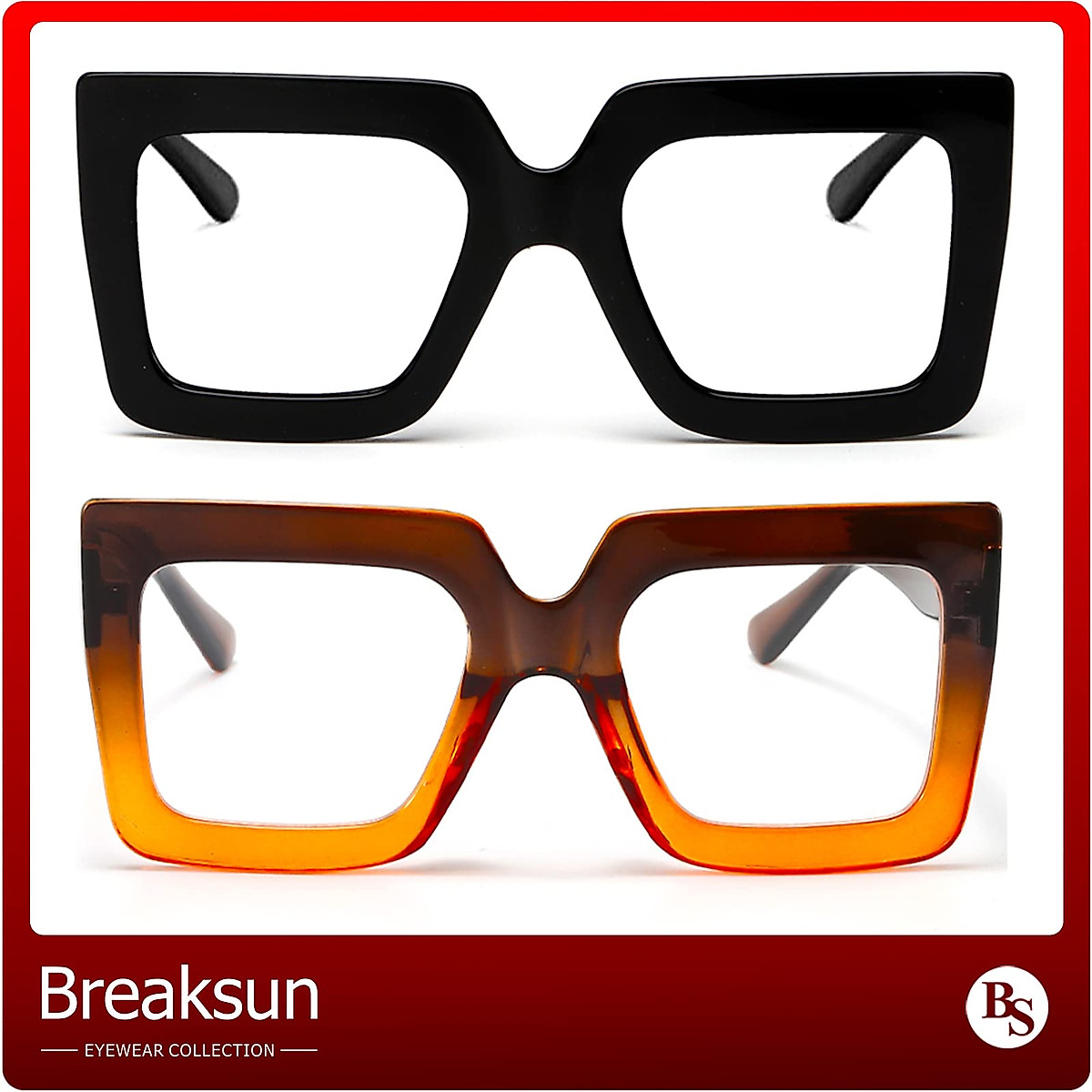 Breaksun Oversized Blue Light Glasses for Women Fashion Thick Square Computer Eyewear Non-Prescription Black Glasses (New Black+ Brown Orange)