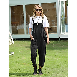 YESNO Women Casual Loose Bib Pants Overalls Baggy Cotton Harem Jumpsuits Rompers with Pockets PV2 (L PV2 Black)