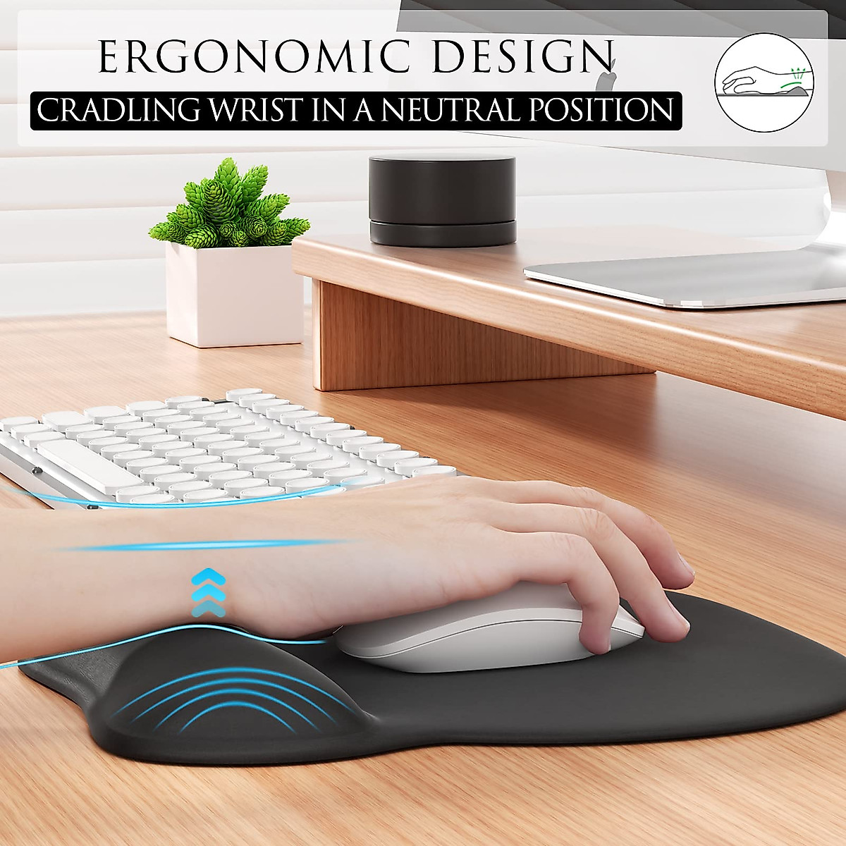 MROCO Ergonomic Mouse Pad with Wrist Support Gel Mouse Pad with Wrist Rest, Comfortable Computer Mouse Pad for Laptop, Pain Relief Mousepad with Non-slip PU Base for Office & Home, 9.4 x 8.1 in, Black