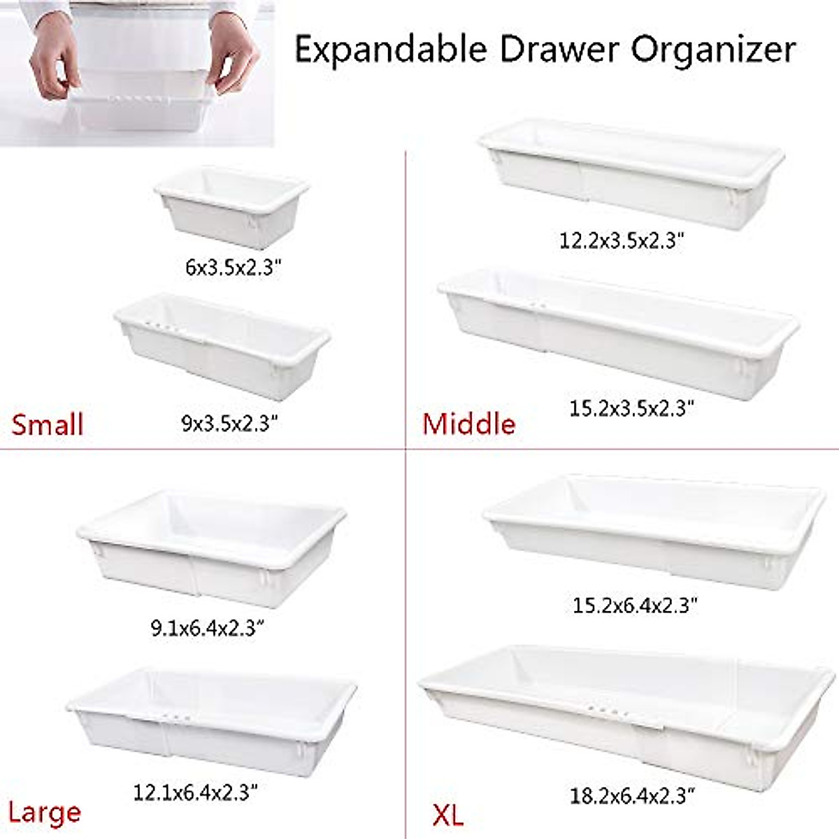 Mebbay 6 Pack Expandable Drawer Organizer Makeup Drawer Organizer Storage Bins Tray for Bathroom Vanity Table Office Kitchen with 25 pcs Non-Slip Pads White