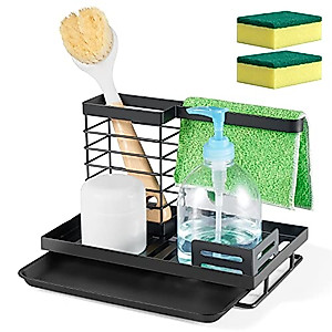 Purboah Kitchen Sink Caddy,Sink Organizer Sponge Holder with Removable Drain Tray and 2 Sponges,Brush Soap Dish Towel Holder