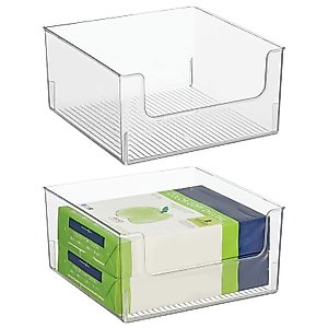 mDesign Modern Wide Plastic Open Front Dip Storage Organizer Bin Basket for Home Office Organization - Shelf, Cubby, Cabinet, and Closet Organizing Decor - Ligne Collection - 2 Pack - Clear