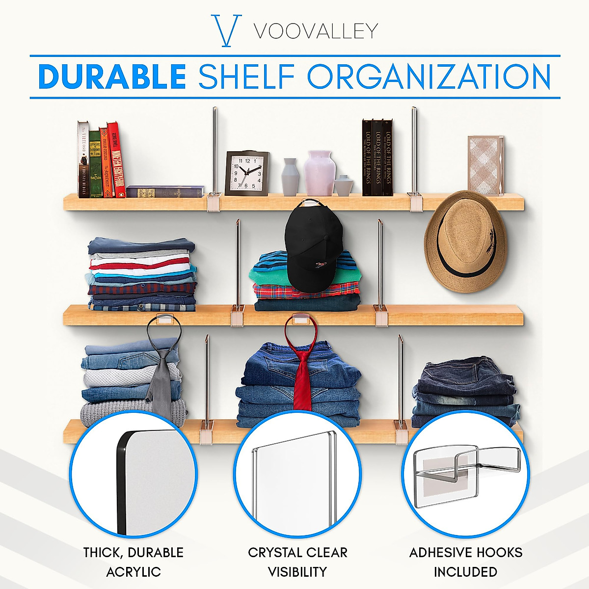 VooValley 4Pcs Clear Acrylic Shelf Dividers for Closets, Vertical Shelves - Sturdy Closet Shelf Organizer with 4 Hooks and Tape - Easy to Install Tall Shelf Separators for Bathroom, Pantry, and More