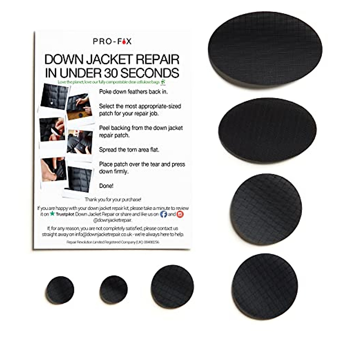 Pro-Fix Down Jacket Repair Patches Easy to Use, Pre-Cut, Self-Adhesive, Waterproof, Tear-Resistant Rip-Stop Nylon Fabric Patches for Jackets & Patches for Clothing, Down Jacket Patches - Black