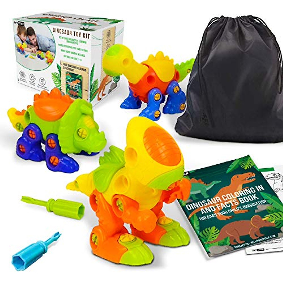 Dinosaur Building Toy Set for Kids - STEM Take Apart Construction Toys Include Build a Dino Construct & Play Kit, Storage Bag, & Coloring Book - Educational Toys, Birthday Party Toy Dinosaurs