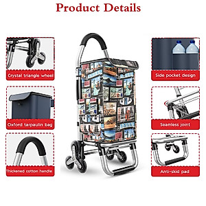 PIPRE Portable Shopping cart Bigger carts with 3 Wheels Foldable,Stamp Motif Shopping Grocery Foldable Cart