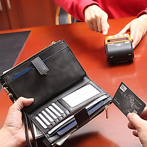 ENYISDAN Women Wristlet Clutch Wallet Long RFID Blocking Leather Wallet Multi Card Zipper Wallet with Credit Card Case Zipper Pocket Holder (black background/gray and white letters)