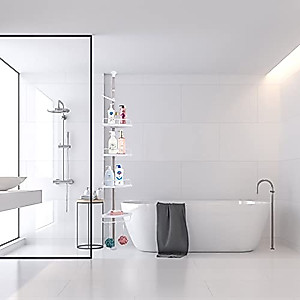 Possday Adjustable Shower Caddy Stainless Steel Shower Rack Corner, 4-layer Adjustable Shelf with Pull Rod, Drill-free Shower Rack, 72-122 inches, White
