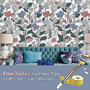 Floral Peel and Stick Wallpaper Boho Easy Peel off Wallpaper Blue Magnolia/Red Hydrangea/Grey Removable Bedroom Contact Paper Renter Friendly Self Adhesive Wallpaper with Knife Tape Measure 17.3"X118"
