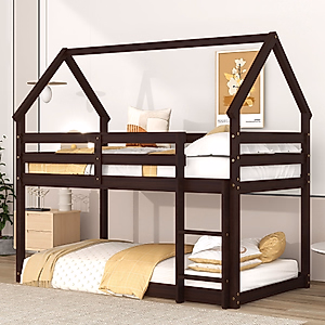 House Bunk Bed Twin Over Twin Floor/Low Bunk Bed Frame Wood Convertible Bunk Loft Beds for Kids Boys Girls Teens, Espresso