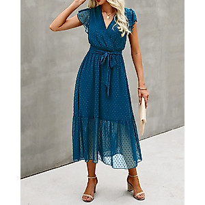 BTFBM Women Summer Bohemian Floral Casual Wrap V Neck Ruffle Cap Sleeveless Belt A-Line Pleated Hem Swing Midi Sun Dress (Swiss Dot Lake Blue, l)