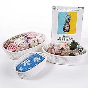 BQEE Cotton Rope Handmade Woven Home Storage Household Candy Toys Storage Basket Sundries Collection Box Candy Snack Food Tray SML Pack of 3 (Oval, White)