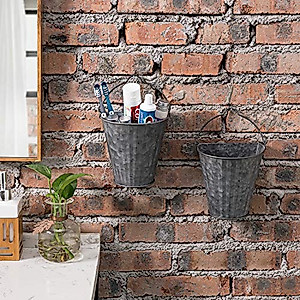MyGift Wall Mounted Rustic Galvanized Metal Bathroom Toothbrush Holder Toothpaste Holder Bins, Mini Decorative Toiletries and Accessories Storage Buckets, Set of 2