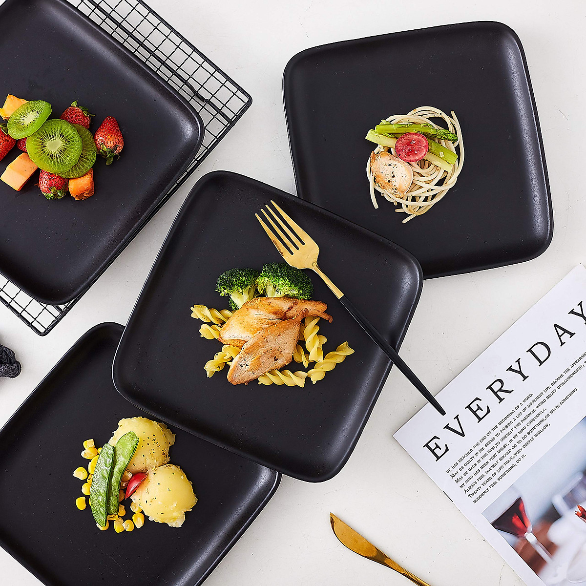 Bruntmor 8" Ceramic Appetizer Plates | Serving Platter | Set of 4, Square Black Simple Modern Ceramic Salad/Dessert Plates | Christmas Dinner Plates Set | Christmas Dinnerware or Thanksgiving