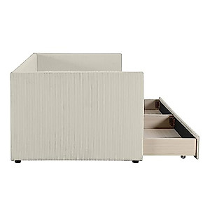 Harper & Bright Designs Twin Size Corduroy Daybed with 2 Storage Drawers, Modern Twin Upholstered Daybed Frame, Sofa Bed with Wood Slat, Twin Storage Bed for Living Room Bedroom Guest Room, Beige