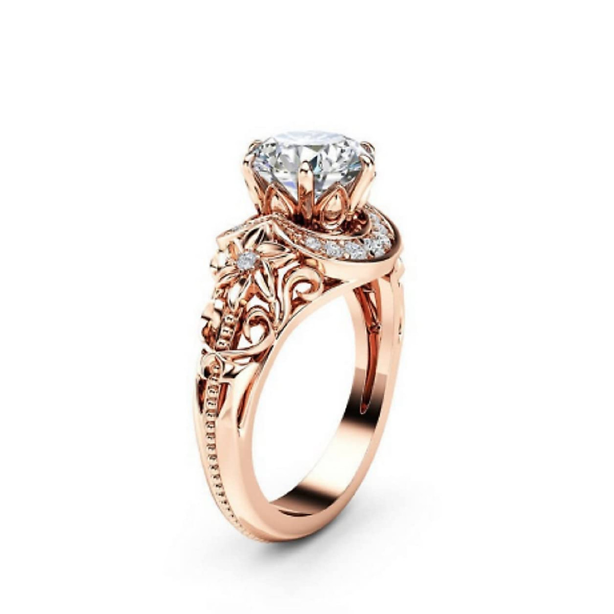 HUKQBUNX 18k Rose Gold morsonite Hollowed Out Flower Flower Crescent Diamond Multi Crystal gem morsonite Women's Precious Fashion Wedding Engagement Diamond Ring Size 6-10 (Size 7)