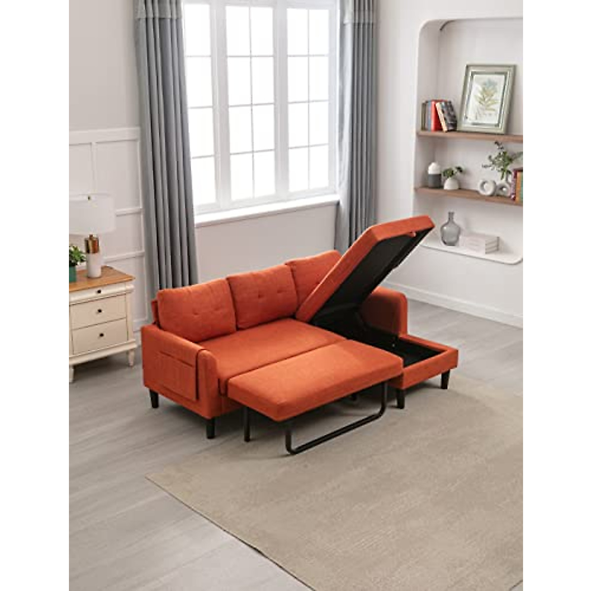 Eafurn Reversible Sectional Sofa & Couches with Storage Chaise, Velvet Upholstered Pull Out Sofa Bed, L-Shape Corner Sofacama Cama Couch for Living Room, Office and Small Apartment