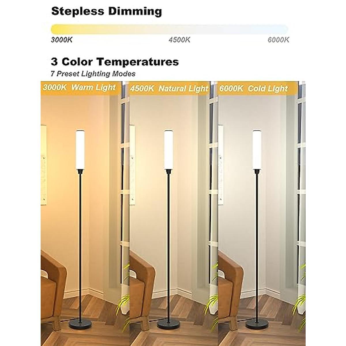 Floor Lamps for Living Room, Upgrade Moder Floor Lamp with Remote Control, Full Range Dimming Minimalist Standing Lamp Perfect for Living Room, Bedrooms and Office (Black)