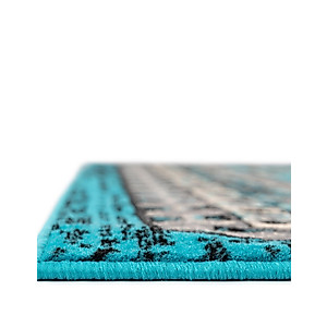 Unique Loom Taftan Collection Border Geometric Tribal Inspired Design Area Rug, 4 ft x 6 ft, Turquoise/Gray