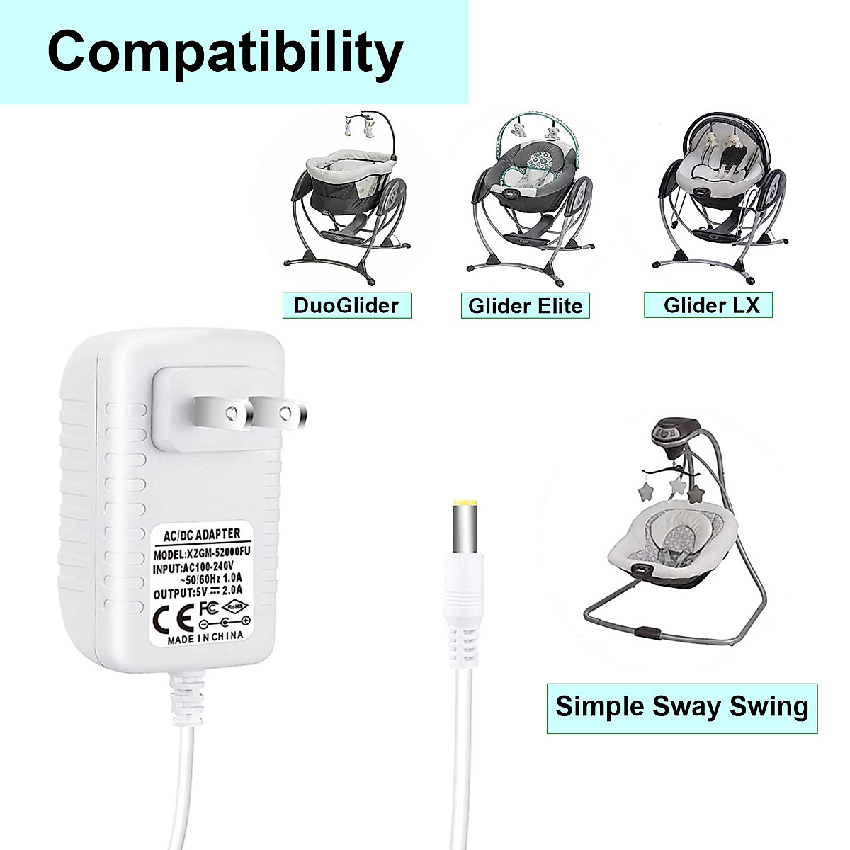 UAUSE 5V Power Charger for Graco Simple Sway, Glider LX/Elite/Premier/Petite LX, DuoGlider, Sweetpeace, DuetSoothe, DuetConnect LX, Nova Baby Swing Adapter Replacement