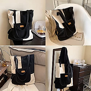 Canvas Tote Bag for Women Large Size Shoulder Handbags with Inner zipper Pockets Multicolor Casual(Black)