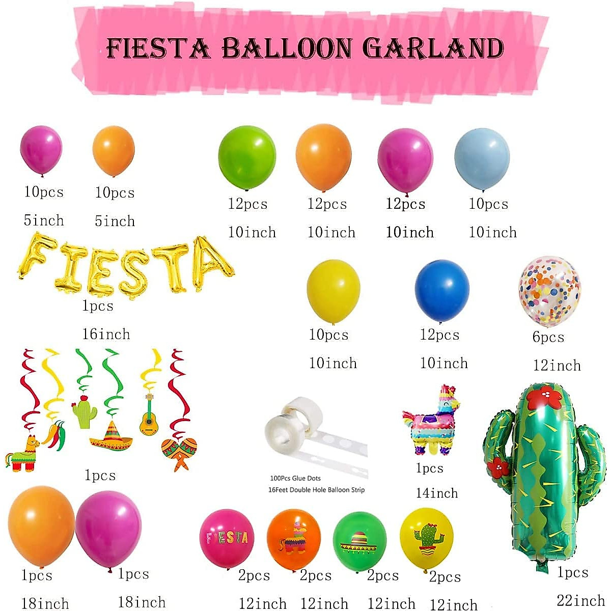 Fiesta Party Decorations Fiesta Balloon Garland Cactus Foil Balloon Mexican Cinco de Mayo Baby Shower Balloon Decoration Set Confetti Balloons with Llama Foil Balloons for Coco Party,Taco Party Decor