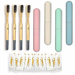 Travel Toothbrush Kit-Toothbrush Case 4 Pack with 4 Bamboo Toothbrush and 10 Dental Floss-Portable Toothbrush Holder for Travel/Camping/School/Home