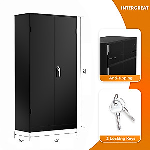 INTERGREAT Metal Garage Storage Cabinet with Locking Doors and Shelves,Black Lockable Steel Tool Cabinet,Tall File Cabinet Locker with Lock for Home Office, School, Gym, Basement, Large Capacity