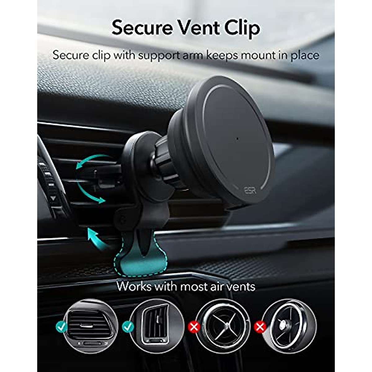 ESR Shift Wireless Car Charger (HaloLock), Compatible with MagSafe Car Charger, 2 Charging Modes, Detachable Fast Charging Pad, Car Phone Holder Mount for iPhone 14/13/12 Series, Car Accessories