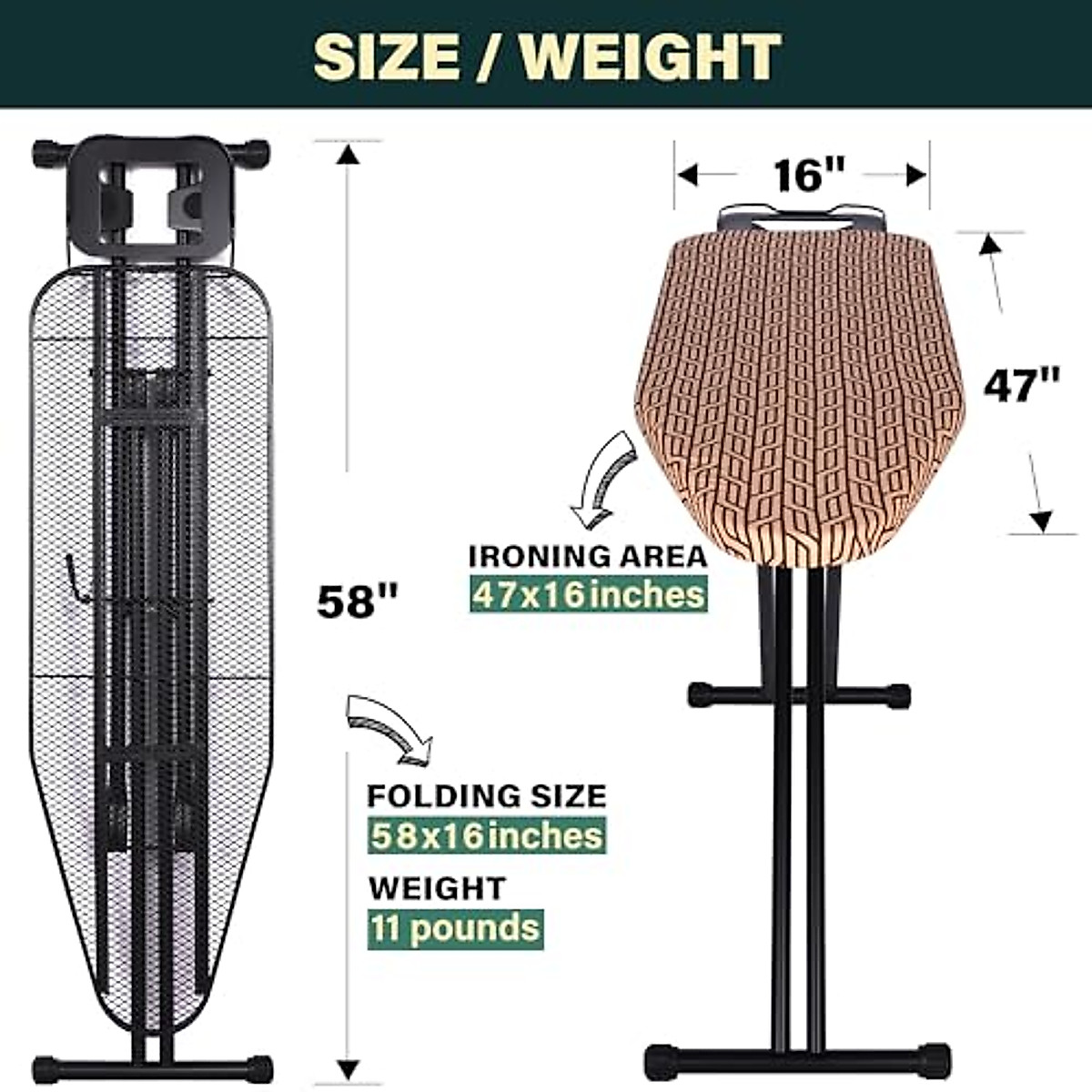 caius Ironing Board Full Size, Extra Wide Ironing Area, Foldable Iron Board with Extra Thick Padded Cover, Large Heavy Duty Ironing Board, Stable Structure, Adjustable Height, Easy to Fold (47x16)