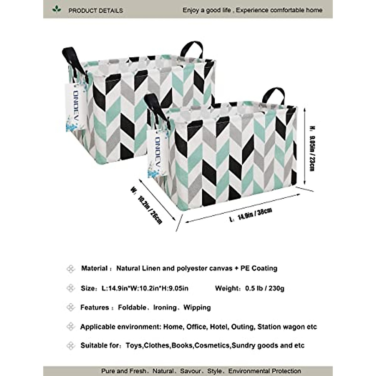 ONOEV 2 Pack Rectangular Fabric storage box,decorative basket and finishing basket with handle are used for the storage of clothes,books and sundries(2 Pack Green geometry)