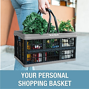CleverMade 16L Collapsible Reusable Plastic Grocery Shopping Baskets; Small Foldable Storage Crates with Handles, 3 Pack, Charcoal