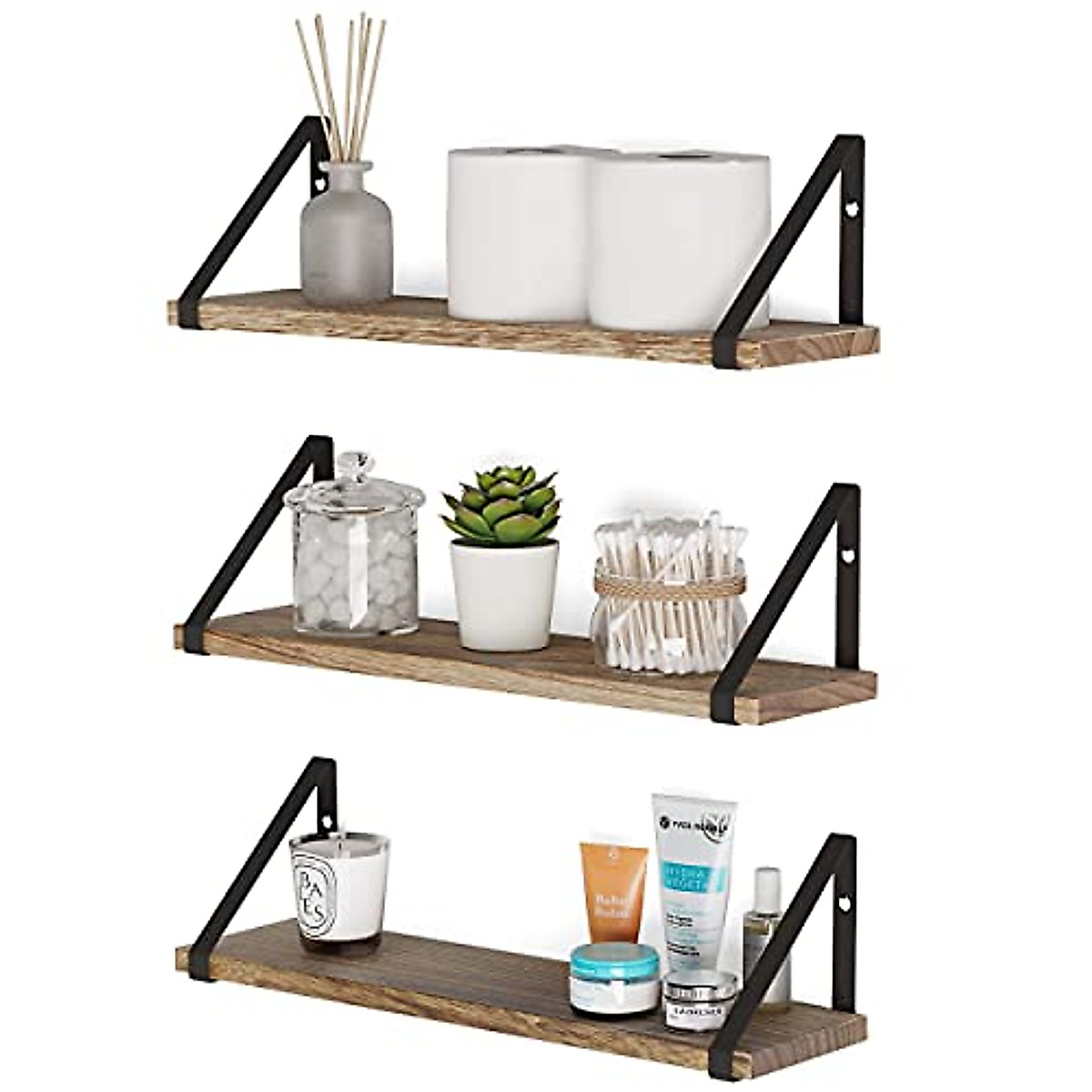 Wallniture Ponza Floating Shelves for Wall, Laundry Room and Bathroom Storage Shelf Unit Set of 3, Natural Burned Rustic Wood Wall Decor with Metal Floating Shelf Bracket