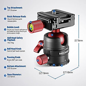 NEEWER Tripod Head, 360° Rotating Panoramic Ball Head with 1/4” Quick Shoe Plate for Tripod Monopod Slider DSLR Camera Camcorder, Max Load up to 5kg/11lb – GM28