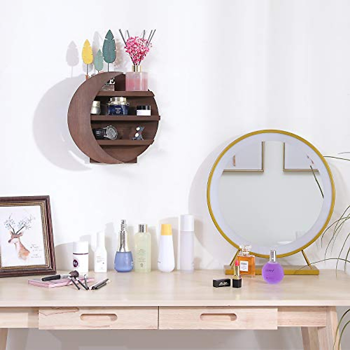 Moon Shelf Moon Decor Crystal Display Shelf Rustic Wooden Boho Wall Decor Shelves Witchy Room Crescent Floating Premium Solid Pine Wood for Wall Crystal Essential Oils Storage Great Gifts Living Room