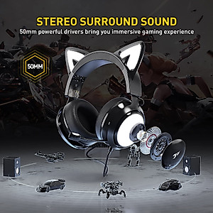 SOMIC GS510 Gaming Headset, Cat Ear Headset PC Gaming Headphones with Retractable Mic Noise Cancelling, Stereo Sound, DIY Face Covers for PC, PS4, PS5,Xbox One(Only White LED Light)