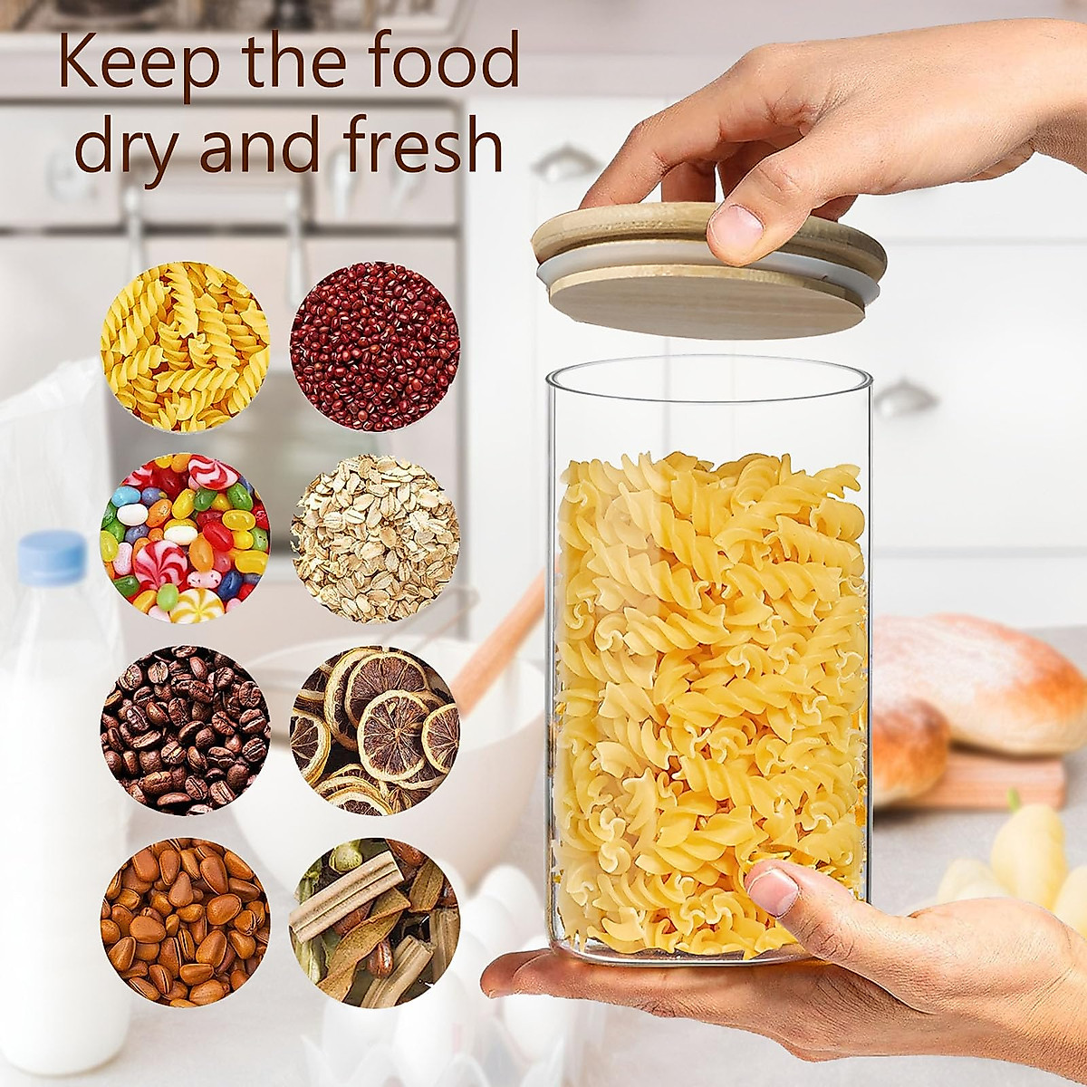 VIEWELLD Airtight Glass Storage Canister with Wood Lid(40 fl.oz), Clear Food Storage Container Jar with Sealing Bamboo Lid for Noodles Flour Cereal Rice Sugar Tea Coffee Beans, Round Set of 3