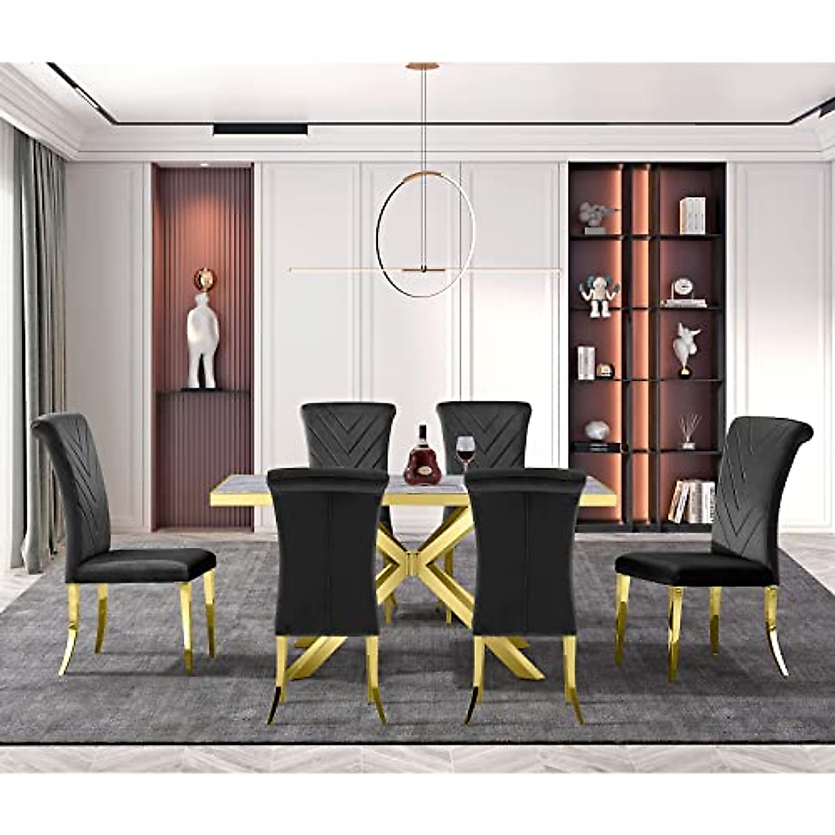 AZhome 5 Pieces Dining Table Set, Black and Gold Kitchen and Dining Room Sets for 4, Gold Metal X-Shaped Base Dining Table, Black Velvet Upholstered Dining Chairs with Gold Stainless Steel Legs