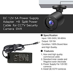 InstallerCCTV Security Camera Power Adapter 12V 5A w/ 8-Way Power Splitter Cable Power Supply, Fits DVR/NVR/AHD/TVI CCTV Security Camera System, LED Strip Lights, UL Listed